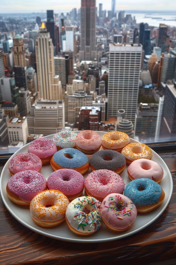 A Set of Doughnuts on a Table Near a Window with the City in the ...