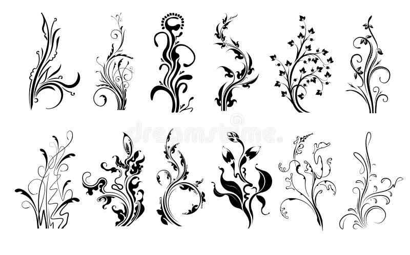 Set of Dozen Stylish Vector Floral Elements, Decorative Branches for ...