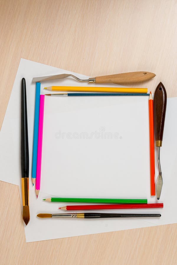 Set for Drawing and Blank Sheets of Papers Stock Photo - Image of blue ...