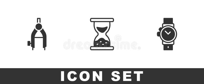 Set Drawing Compass, Old Hourglass with Sand and Wrist Watch Icon ...