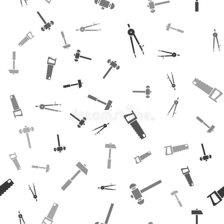 Set Drawing Compass, Sledgehammer, Hand Saw and Hammer on Seamless ...