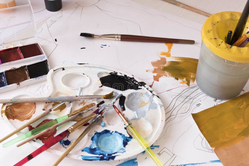 Set for Drawing on the Desktop of a Child Artist. Selective Focus Stock ...