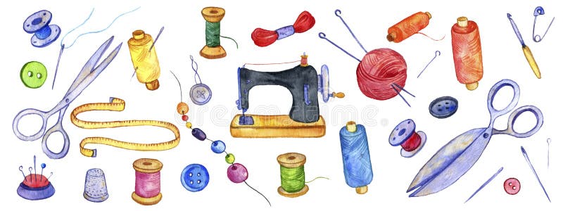 Set of Ink Drawing Needlework Equipment Stock Vector - Illustration of ...