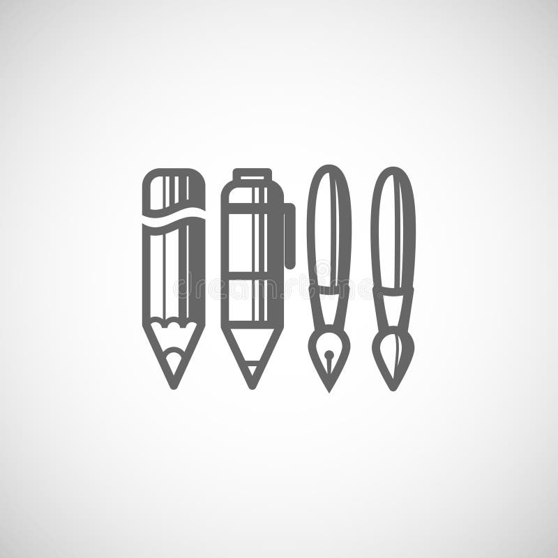 Set of Pens on an Isolated White Background. Black Hand Draw Outline ...