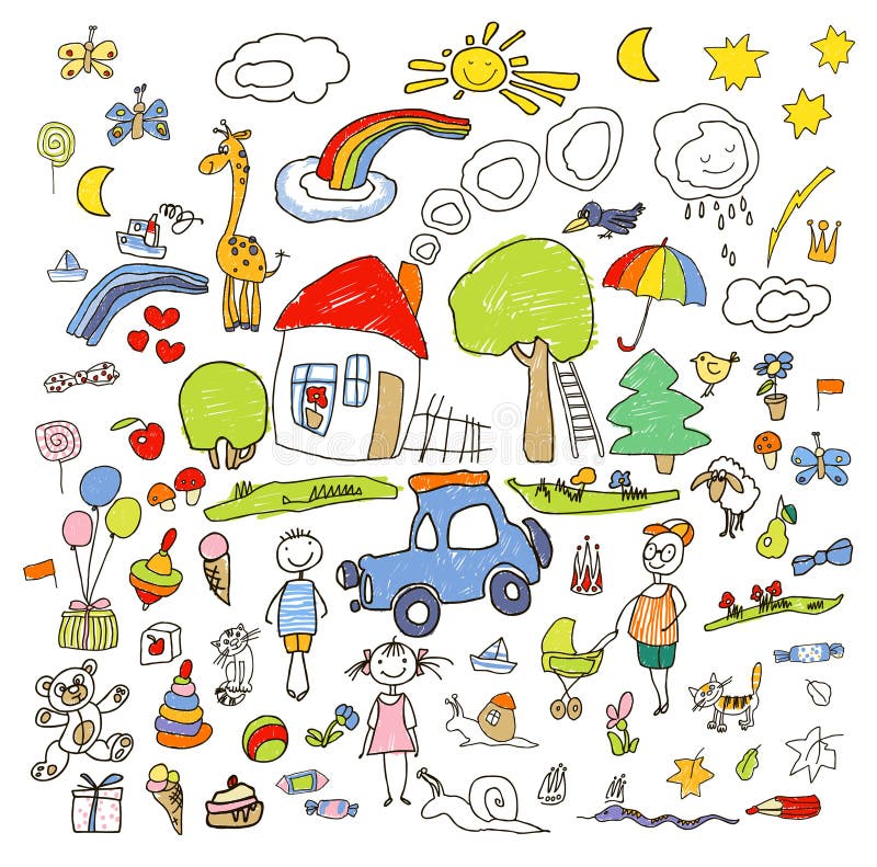 Childlike drawings set stock vector. Illustration of graphic - 52053222