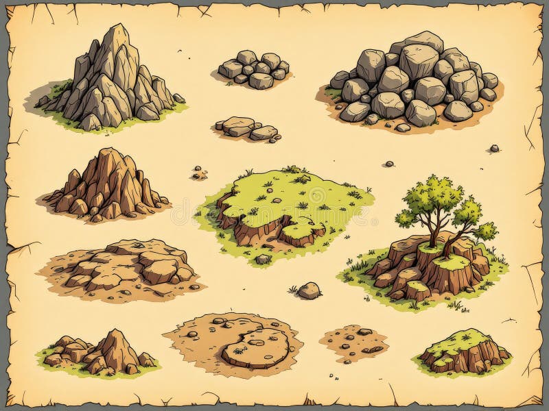 Set of Drawings of Various Types of Rocks and Terrain Stock Photo ...