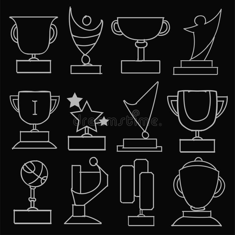 Set of Drawings Winner Trophy Theme Doodle Collection in White Isolated ...