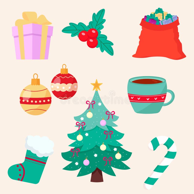 Set of Drawn Christmas Holiday Elements Vector Illustration Stock ...
