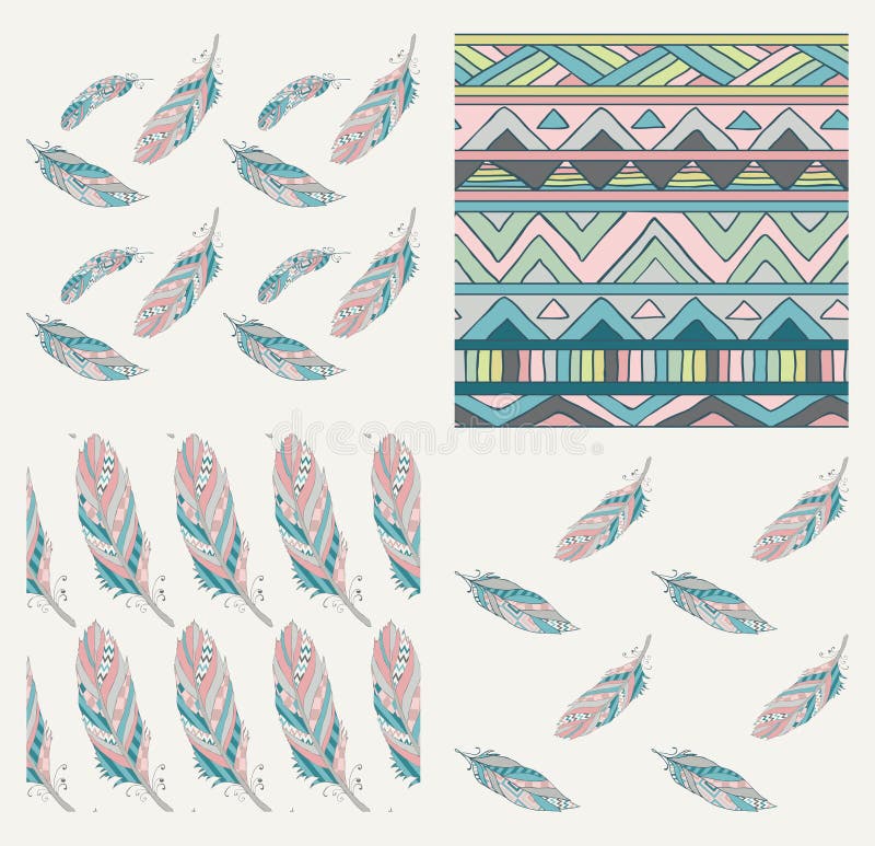 Set of Drawn Patterns with Tribal Feathers Stock Vector - Illustration ...