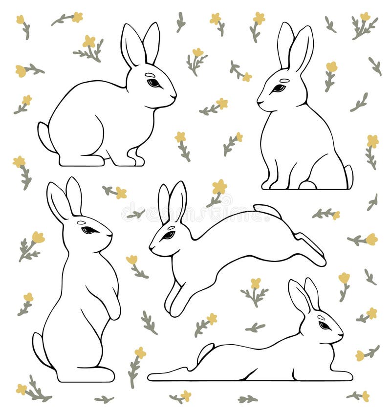 Set of Drawn Rabbits and Simple Flowers Stock Vector - Illustration of ...