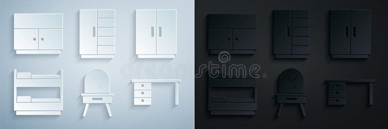 Set Dressing Table, Wardrobe, Bunk Bed, Office Desk, and Icon. Vector ...