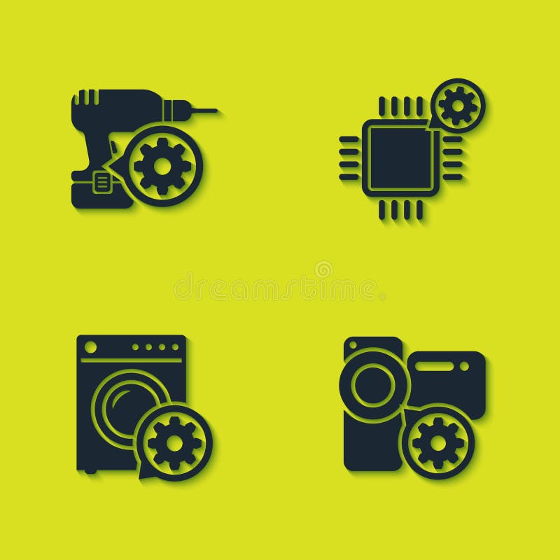 Set Drill Machine Setting, Video Camera, Washer and Processor Icon ...