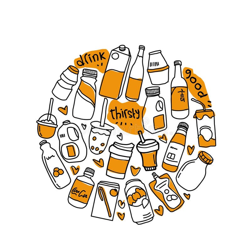 Set of Drink Packaging and Shape Drawing Art Doodle Icon Stock Vector ...