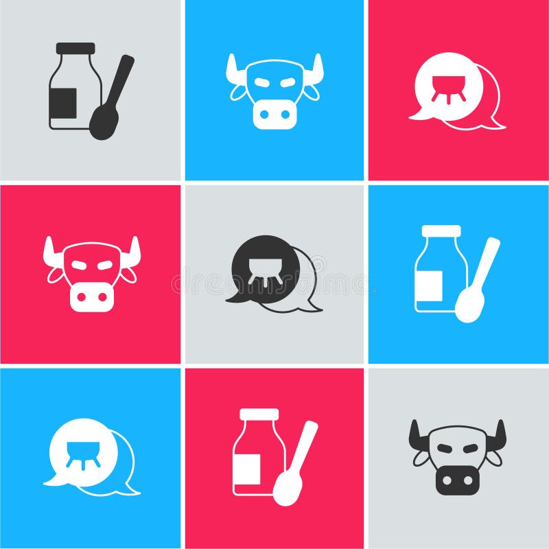 Set Drinking Yogurt in Bottle, Cow Head and Udder Icon. Vector Stock ...