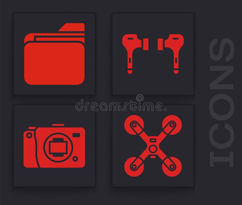 Set UAV Drone, Document Folder, Drone Flying and Mirrorless Camera Icon ...