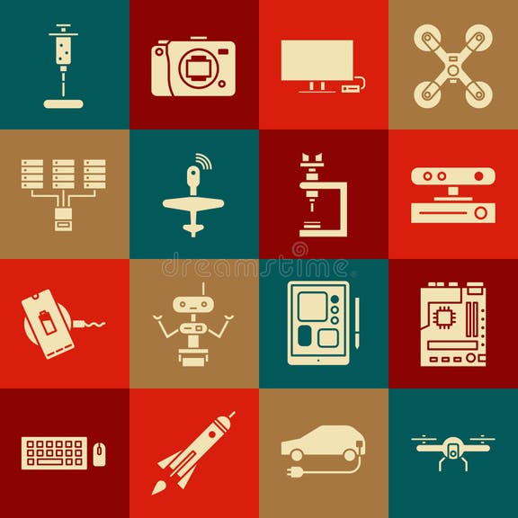 Set Drone Flying, Motherboard, Motion Sensor, Smart Tv, UAV, Server, Data, Web Hosting, Syringe ...