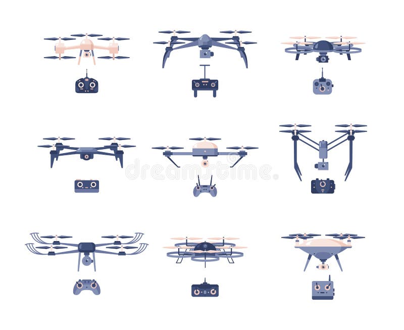 Set of Drones with Remote Controls Flat Style, Vector Illustration ...