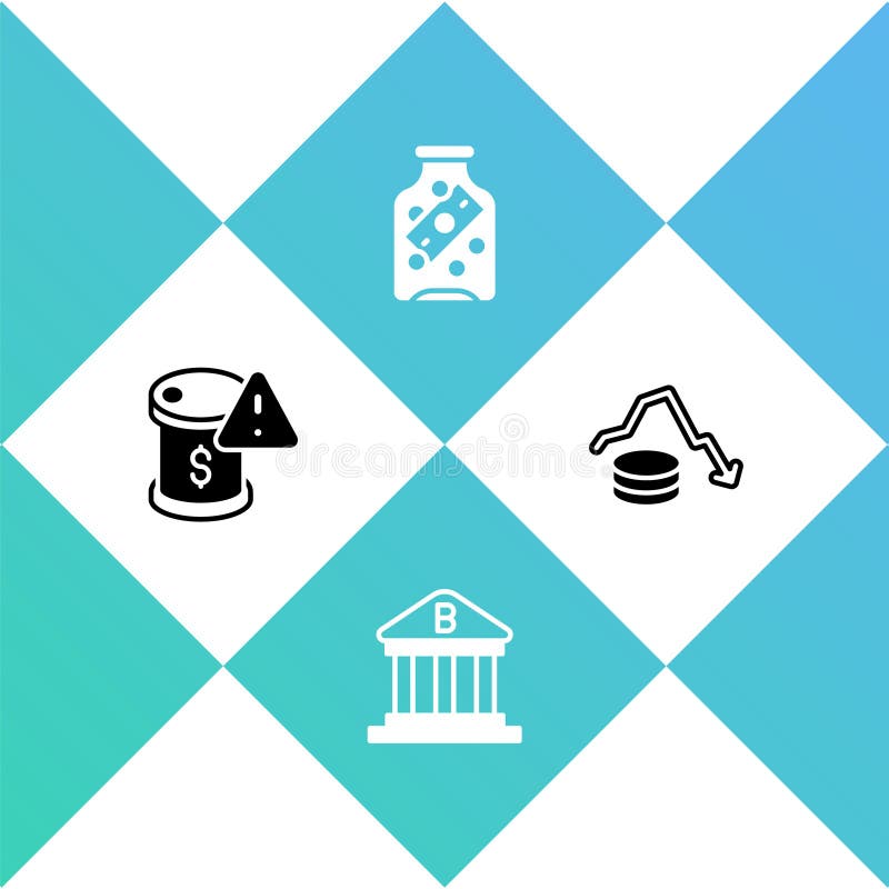 Set Drop in Crude Oil Price, Bank Building, Glass Money Jar with Coin and Dollar Rate Decrease ...