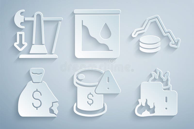 Set Drop in Crude Oil Price, Dollar Rate Decrease, Money Bag, Fire Burning House, and Icon ...
