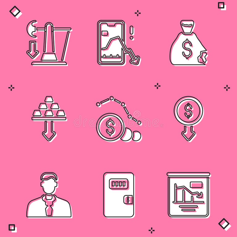 Set Drop in Crude Oil Price, Mobile Stock Trading, Money Bag, Gold Bars, Dollar Rate Decrease ...