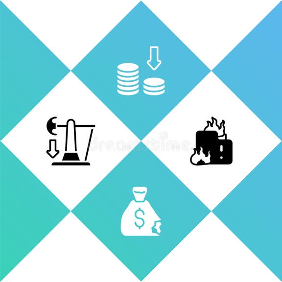 Set Drop in Crude Oil Price, Money Bag, Dollar Rate Decrease and Fire Burning House Icon. Vector ...