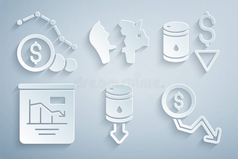 Set Drop in Crude Oil Price, Pie Chart Infographic, Dollar Rate Decrease, Broken Piggy Bank and ...