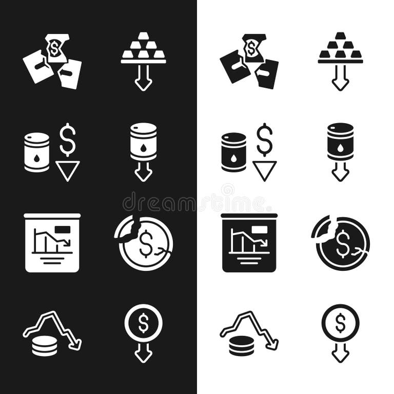 Set Drop in Crude Oil Price, Tearing Money Banknote, Gold Bars, Pie Chart Infographic, Dollar ...
