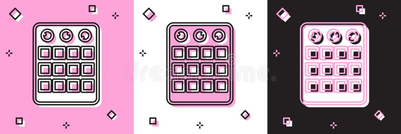 Set Drum Machine Icon Isolated on Pink and White, Black Background ...