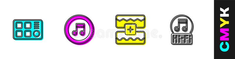 Set Drum Machine, Music Note, Tone, Wave Equalizer and Icon. Vector ...