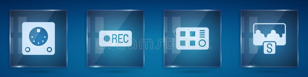 Set Drum Machine, Record Button, and Music Wave Equalizer. Square Glass ...