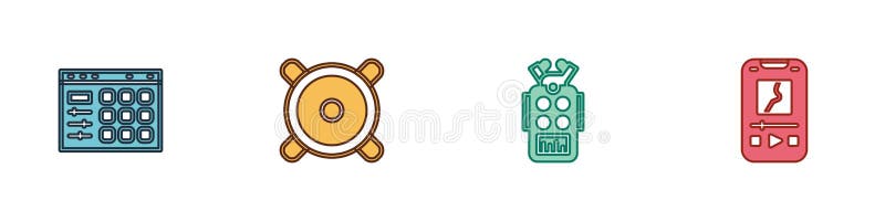 Set Drum Machine, Stereo Speaker, Microphone and Music Player Icon ...