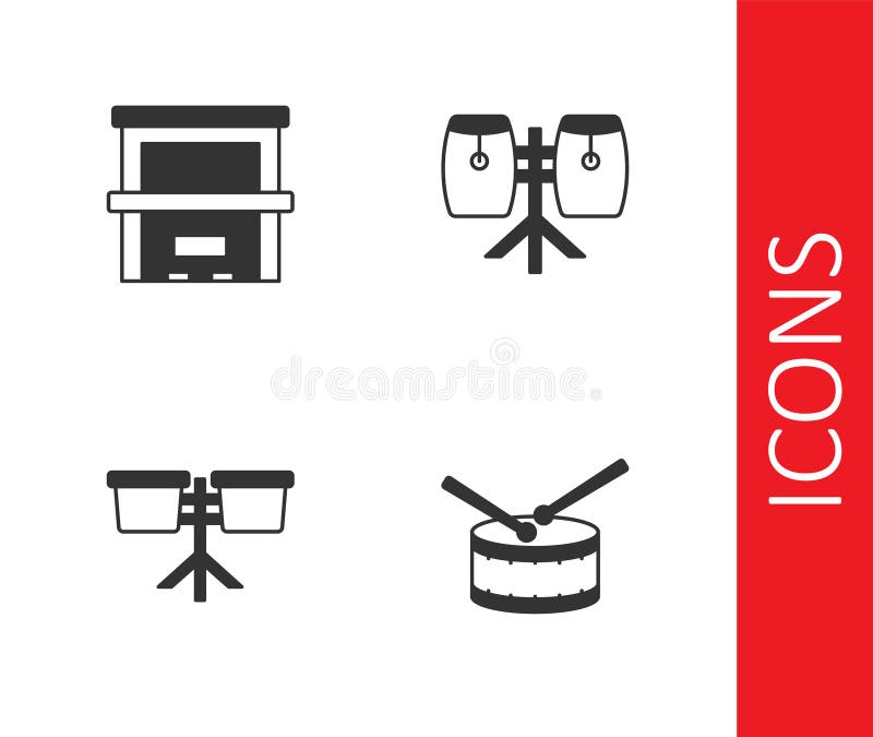 Set Drum with Drum Sticks, Piano, Bongo and Conga Drums Icon. Vector ...