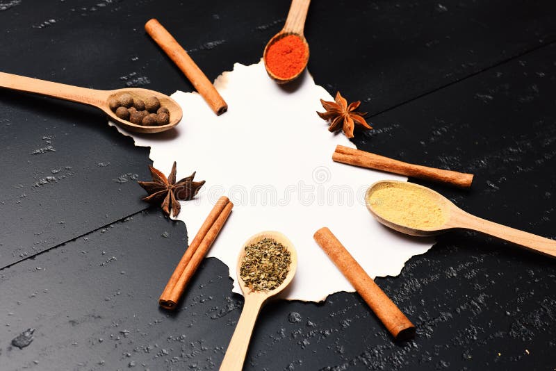 Set of Dry Spices on Grey Texture Background. Stock Image - Image of ...