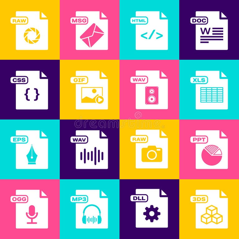 Set 3DS File Document, PPT, XLS, HTML, GIF, CSS, RAW and WAV Icon. Vector Stock Vector ...