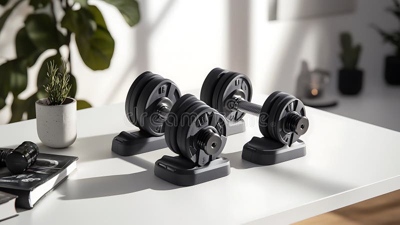 A Set of Dumbbells are on a Table Next To a Potted Plant Stock Image ...