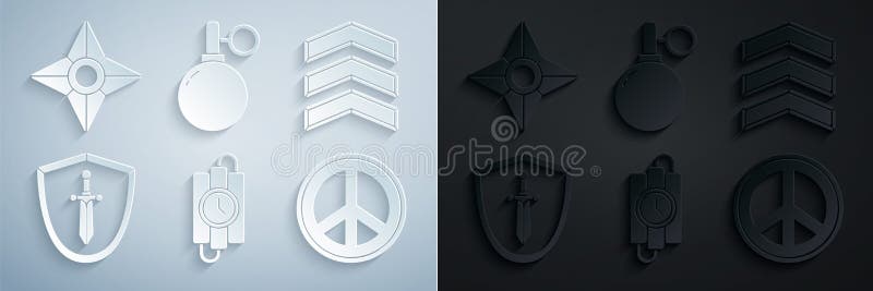 Set Dynamite Stick and Timer Clock, Military Rank, Medieval Shield with ...