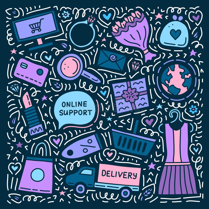 Set of E-commerce Shopping Doodles. Stock Vector - Illustration of ...