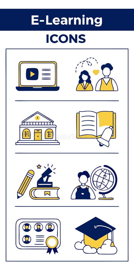Vector Art of Elearning Icons Set with Laptop, People, Building, Book ...