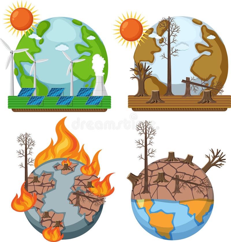 Set of Earth with Global Warming Crisis Stock Vector - Illustration of ...