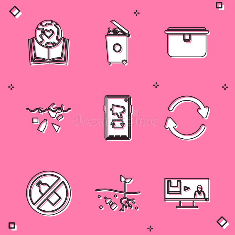 Set Earth Globe and Book, Trash Can, Lunch Box, Problem of Pollution ...