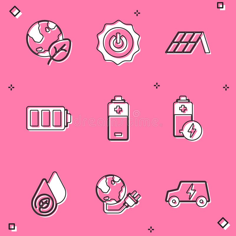 Set Earth Globe and Leaf, Power Button, Solar Energy Panel, Battery ...