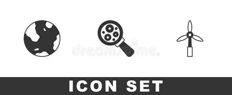 Set Earth Globe, Microorganisms Under Magnifier and Wind Turbine Icon ... Set Earth Globe, Microorganisms Under Magnifier and Wind Turbine Icon ...