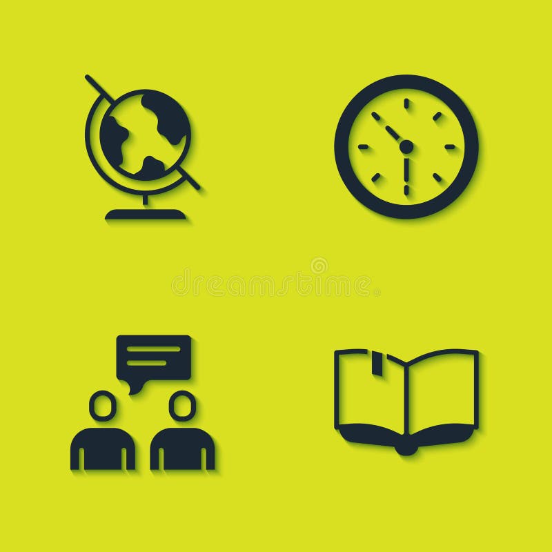 Set Earth Globe, Open Book, Two Sitting Men Talking and Clock Icon ...