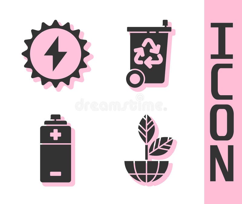 Set Earth Globe and Plant, Solar Energy Panel, Battery and Recycle Bin ...