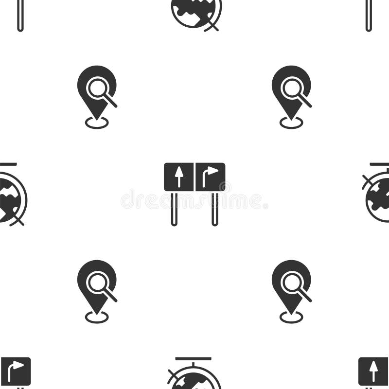 Set Earth Globe, Road Traffic Sign and Search Location on Seamless ...