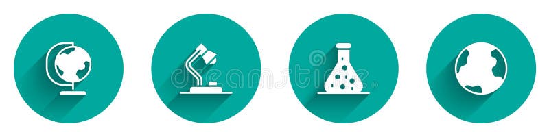 Set Earth Globe, Table Lamp, Test Tube and Icon with Long Shadow ...
