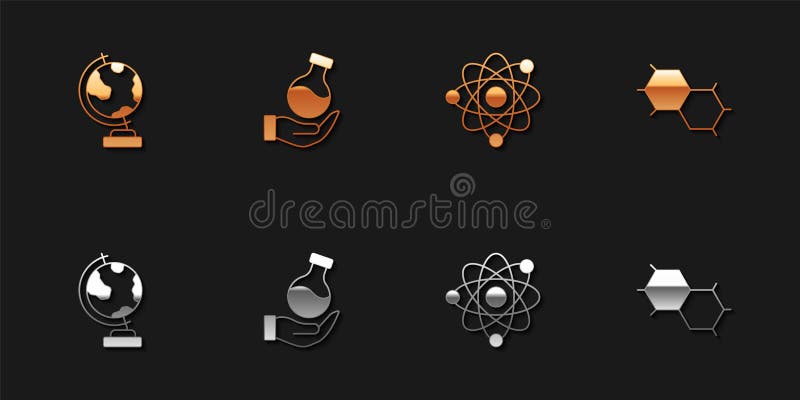 Set Earth Globe, Test Tube, Atom and Chemical Formula Icon. Vector ...