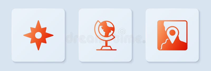 Set Earth Globe, Wind Rose and Folded Map with Location Marker. White ... Set Earth Globe, Wind Rose and Folded Map with Location Marker. White ...