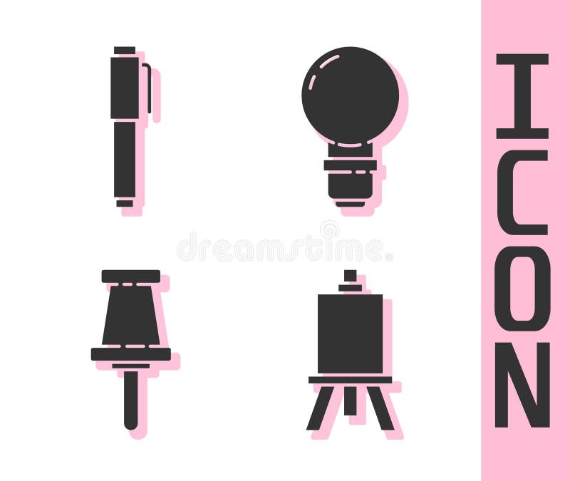 Set Easel or Painting Art Boards, Pen, Push Pin and Light Bulb Icon ...