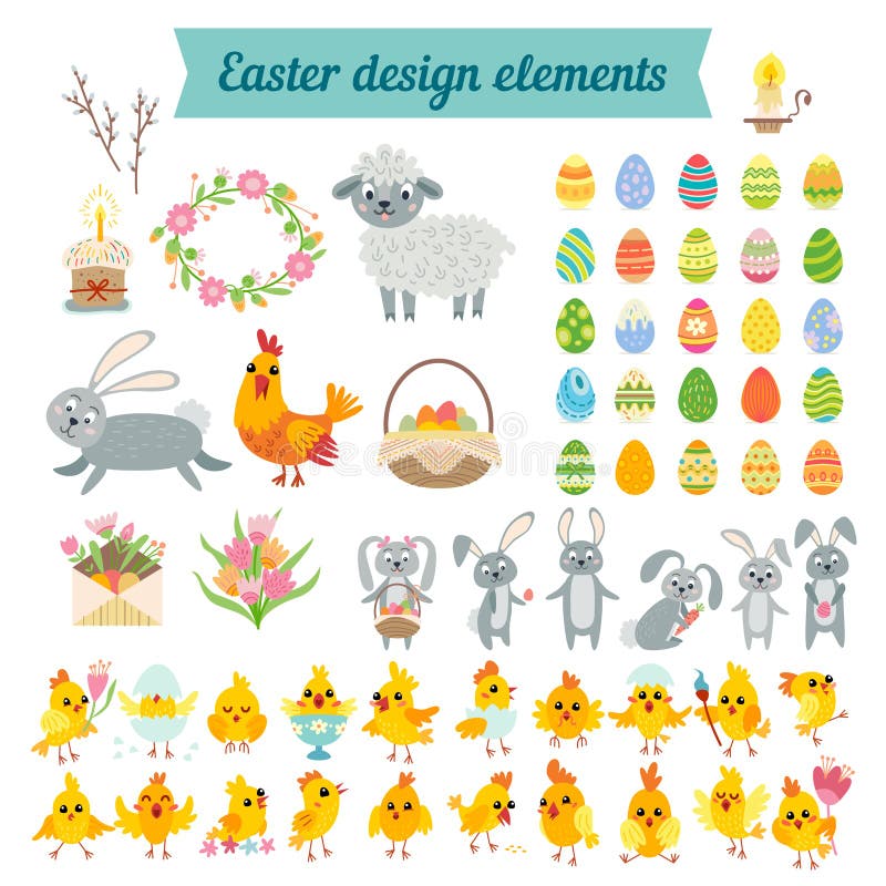 Set of Easter Cartoon Characters and Design Elements Stock Vector ...